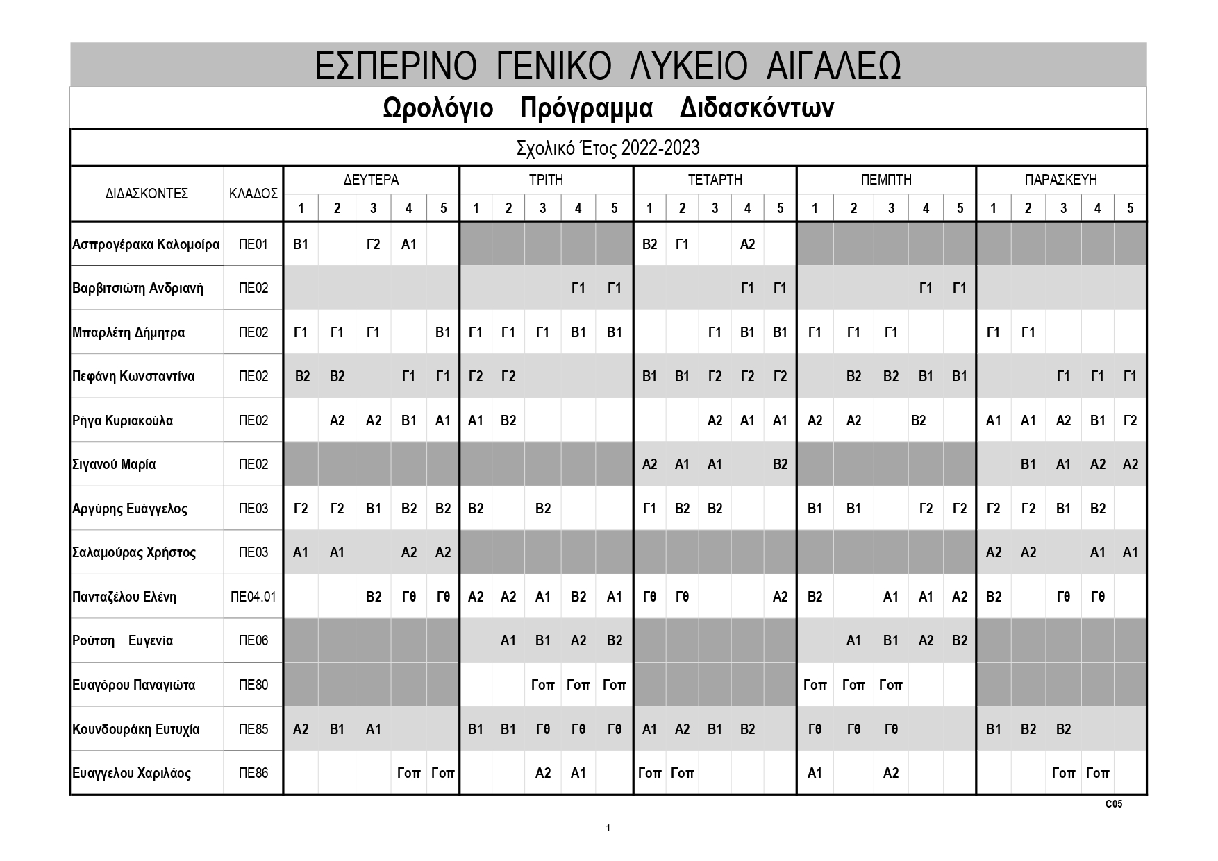 Τελικό ωρολόγιο πρόγραμμα 2022-23 – Εσπερινό ΓΕΛ Αιγάλεω